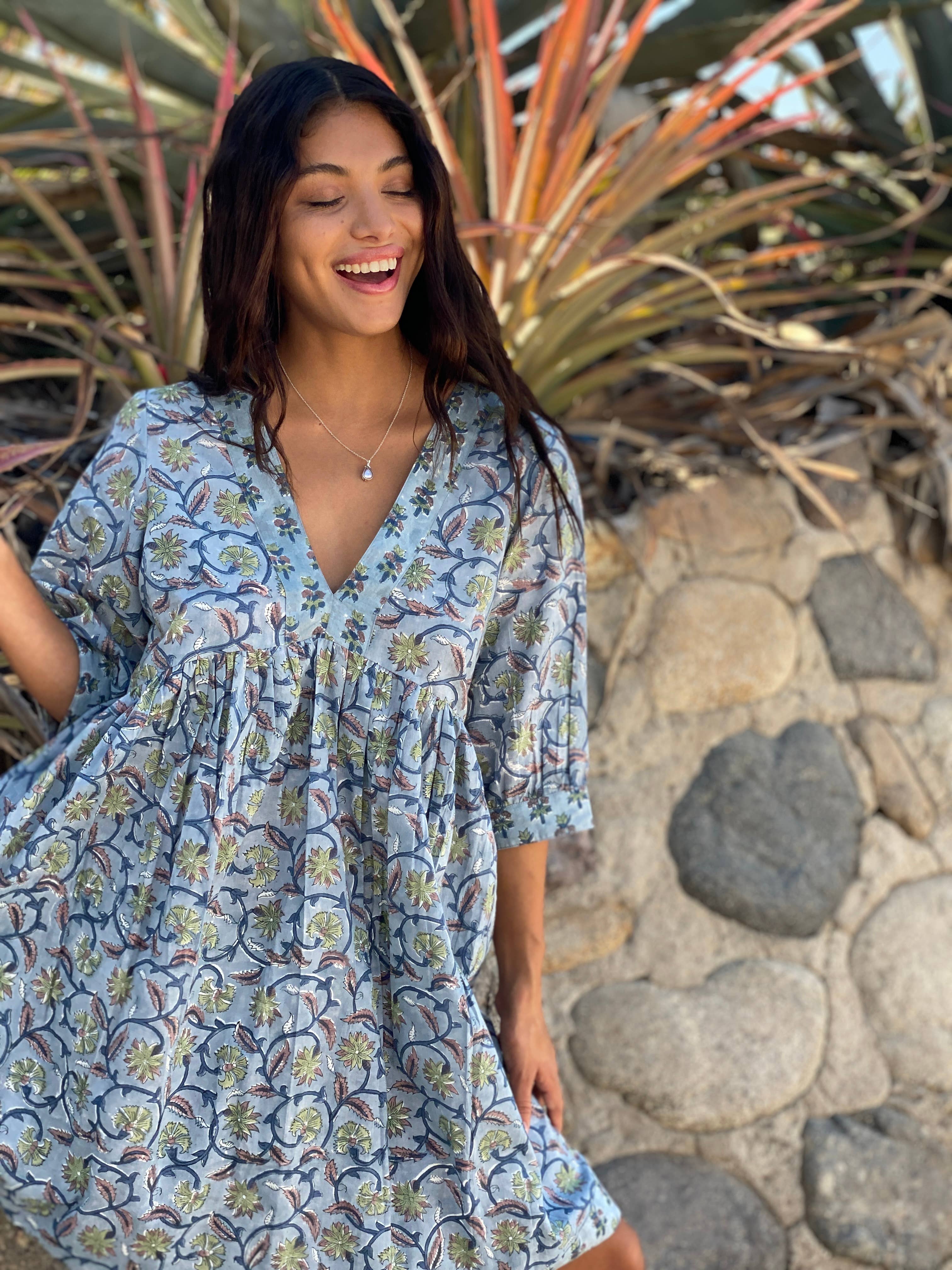 The Fox and The Mermaid - Block Printed Dress (Maile Dress)- Cornflower ...